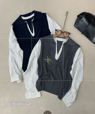 26早春新款V领针织衫拼接条纹j假两件女软糯洋气百搭上衣M69008