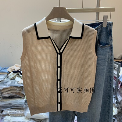 夏季女撞色翻领无袖针织马甲减龄