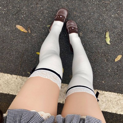 秋冬精梳棉蕾丝蝴蝶结过膝袜