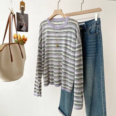 26春夏新品14针细腻亚麻轻薄透气针织衫圆领拼色条纹长袖229