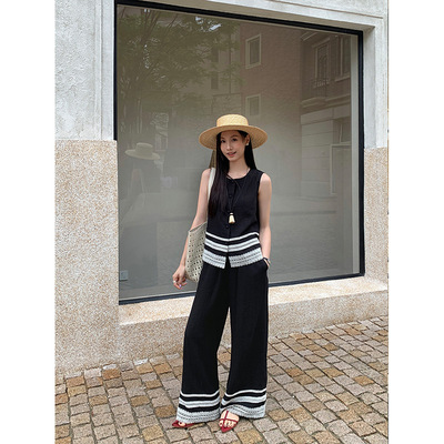 爱西里2025夏简约定制花边拼接背心＋气质显瘦阔腿裤套装女13992