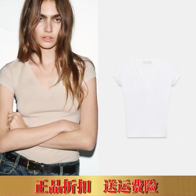 2026春夏新品女装辣妹风美式复古短袖修身简约正肩V领T恤4174315