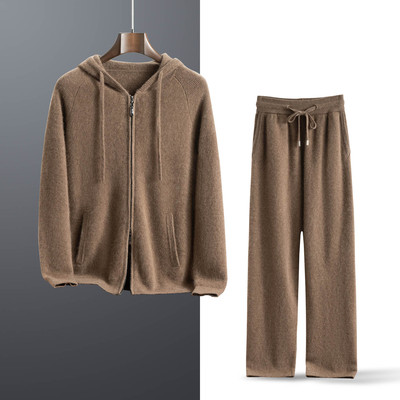 100%纯山羊绒套装男士连帽衫