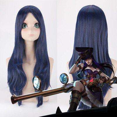 英雄联盟LoL 凯特琳Caitlyn 深蓝色 中分 cosplay假发