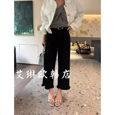 卡蔓enxi韩标20818春配腰带韩系高腰直筒花边八分西装裤女法棍裤
