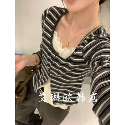 新袖X.XIU26132秋季法式修身显瘦假两件条纹拼接蕾丝长袖T恤女