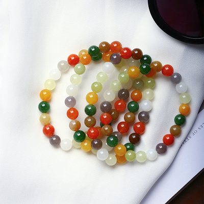 天然和田玉多宝色原创圆珠款手链 配南红缅黄糖料碧玉 女款手链