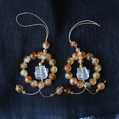 天然黄水晶圆珠搭配白水晶招财猫原创搭配款手机挂绳女款水晶饰品