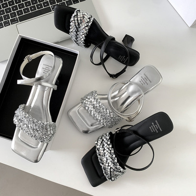 踩屎感可两穿水钻编织仙女风气质高跟鞋2024夏季一字带仙女风拖鞋