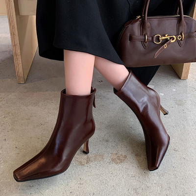 法式细跟尖头短靴女2024秋冬气质安哥拉红高跟靴瘦瘦靴女裸靴单里