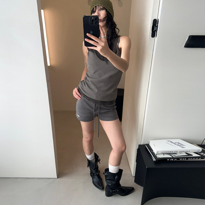 SOI SR原创小众设计简约抽绳运动短裤女 高腰百搭绣字休闲裤4077