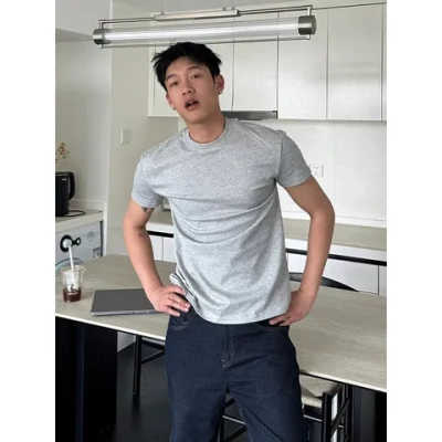 t恤短袖男款小领口纯半截袖花灰色夏季索罗速干重磅运动娜健身