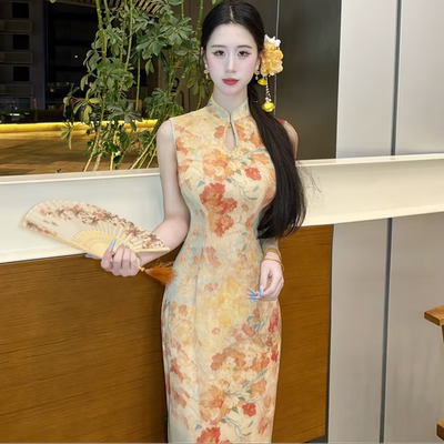 LHMknk1画报夫人原创复古温柔弹力网纱花朵旗袍 无袖港工橘蓝
