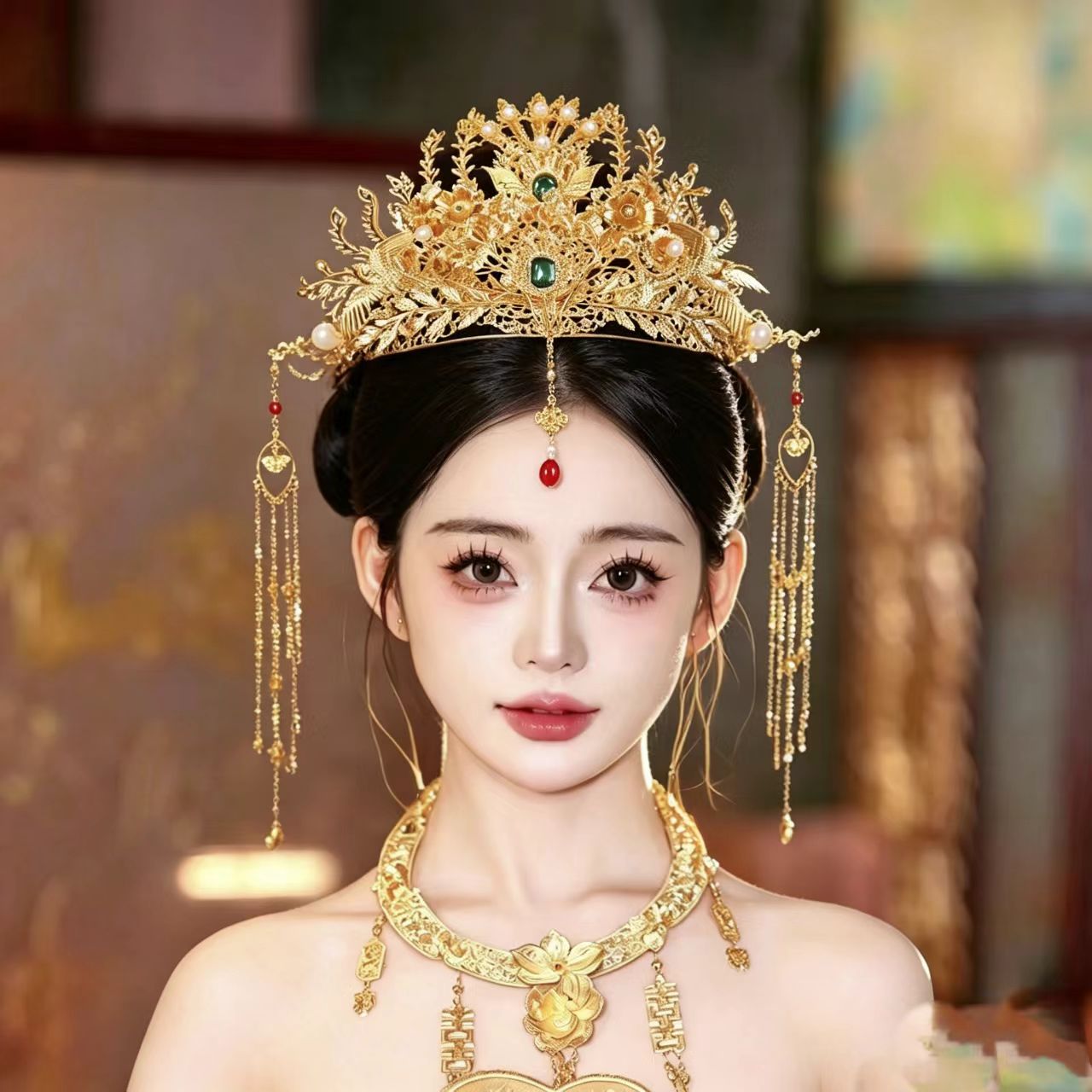 新娘金色凤冠中式婚礼重工奢华流苏发饰显脸秀禾汉服婚嫁配饰重工
