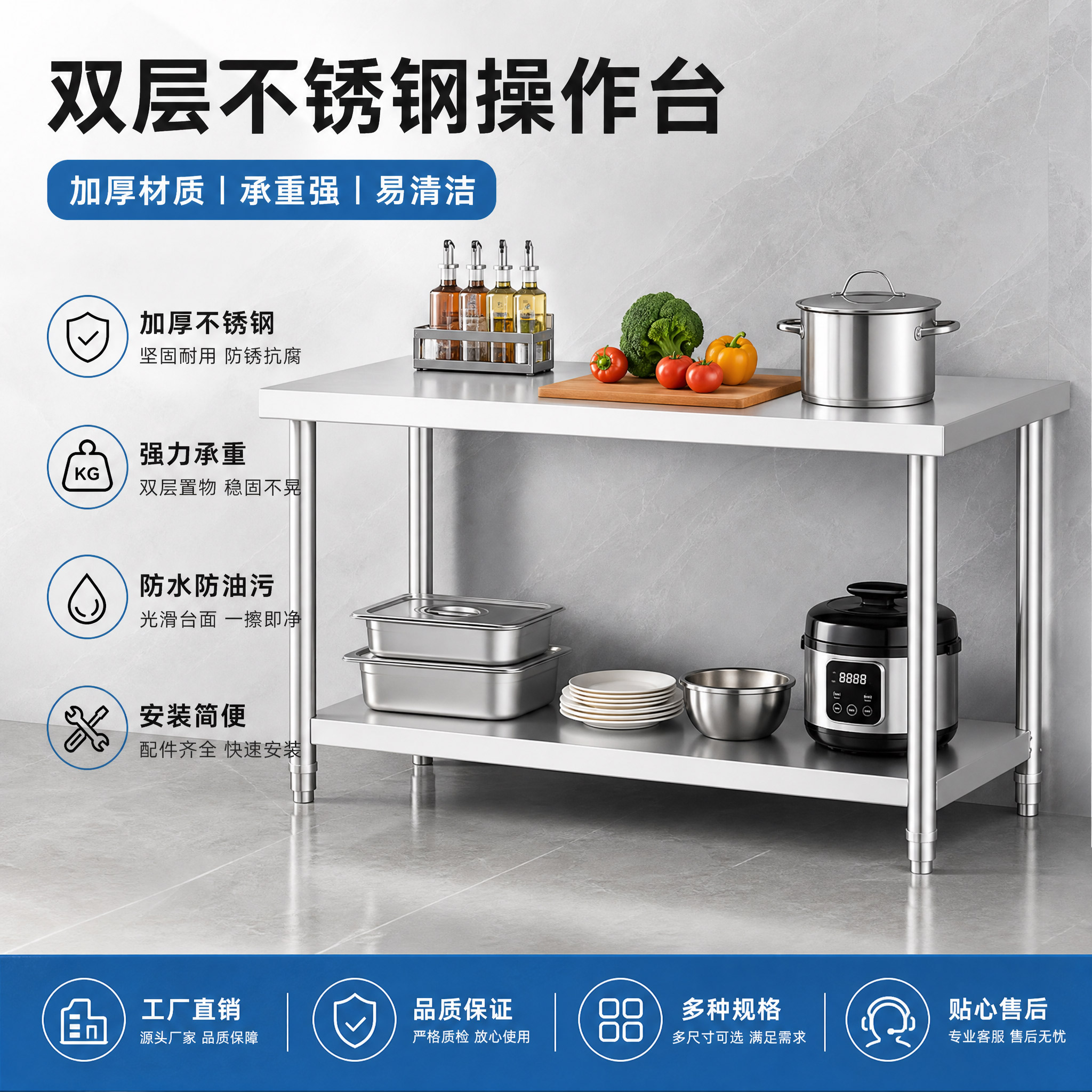 不锈钢工作台商用厨房操作台饭店打荷台切菜桌奶茶打包台支持定做