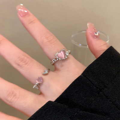 粉色猫眼石爱心金属开口戒指女小众设计个性简约气质百搭指环戒子