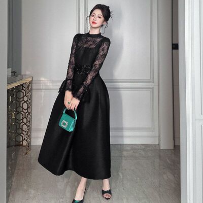 晚宴礼服裙2025秋季新款法式蕾丝拼接喇叭袖收腰大摆连衣裙21610