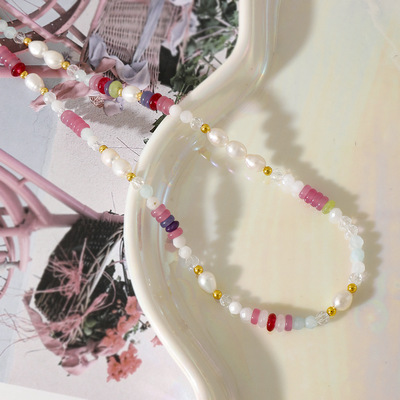 日韩小众新款潮清新多彩天然石项链天然珍珠百搭锁骨链不锈钢颈链