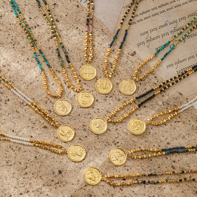 跨境十二星座欧美时尚气质彩色天然石串珠项链男女小众锁骨链义乌