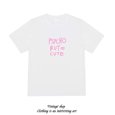 psycho but cute神经质可爱女孩 纯棉短袖T恤百搭美式复古vintage