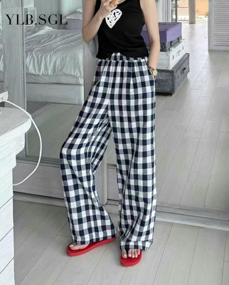 58350诗歌兰女装2025夏款 气质百搭蓝色格子阔腿裤防晒休闲裤女