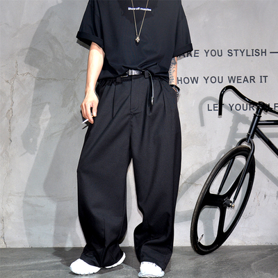 黑色垂感松紧腰阔腿拖地休闲西裤