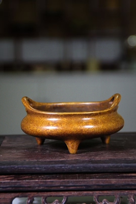 陈巧生制雪花金桥耳三乳足彝炉(底龙款）苏工巧生纯手工湿蜡法