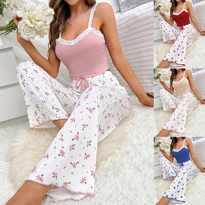Sexy pajama camisole vest+long pants two-piece set女士家居服