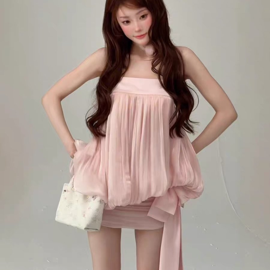 夏季纯欲甜辣妹粉色抹胸花苞上衣褶皱蝴蝶结包臀半裙小个子套装女