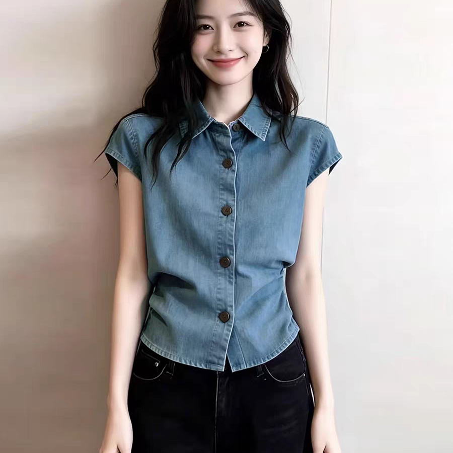 精品韩系法式设计感牛仔短袖衬衫女通勤小众气质上衣夏季新款百