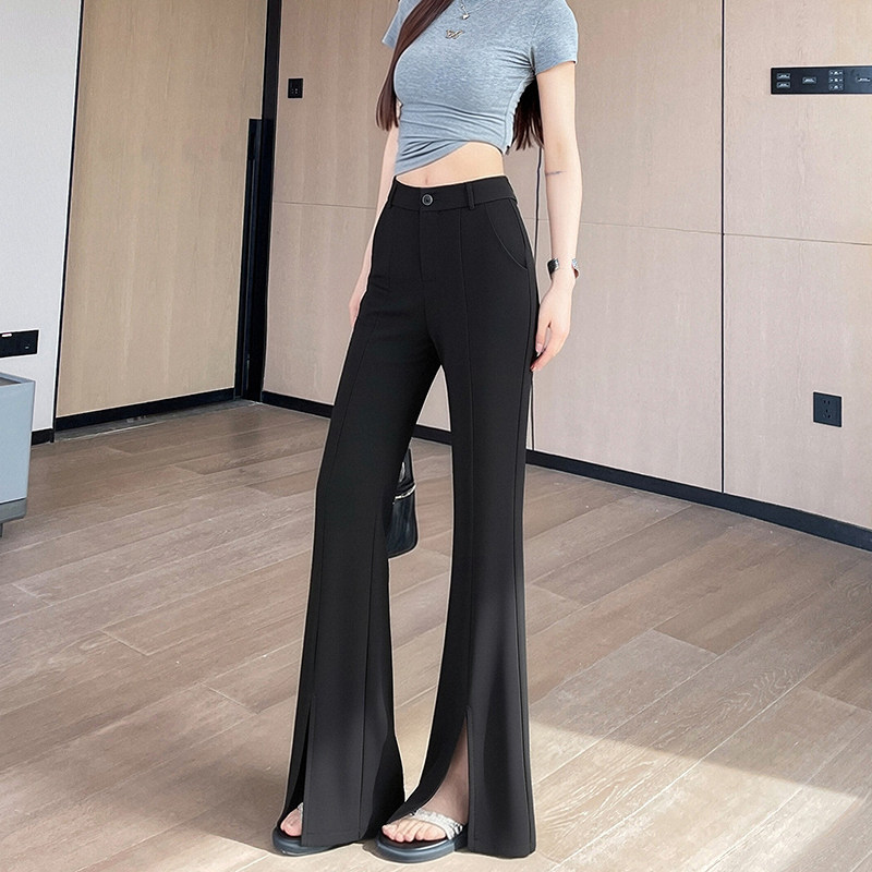 开叉冰丝喇叭裤女夏季薄款2026新款小个子垂感黑色感西装微喇