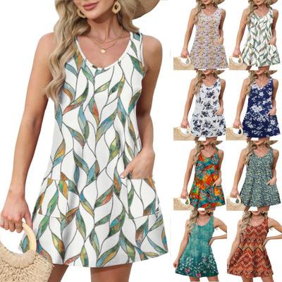 Printed slip loose casual sleeveless dress印花吊带无袖连衣裙