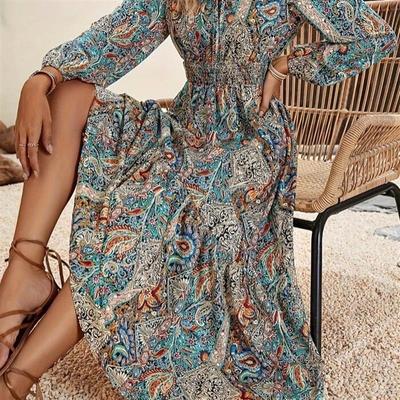 Printed versatile long-sleeved ruffled dress印花荷叶边连衣裙