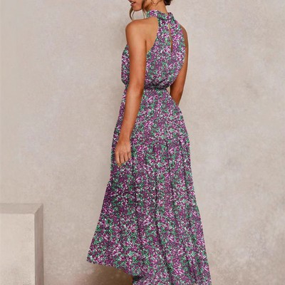 Halterneck polka dot print lace-up dress挂脖波点印花系带女裙