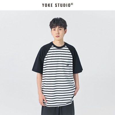 日系复古撞色条纹T恤男cityboy卡其色插肩短袖上衣夏