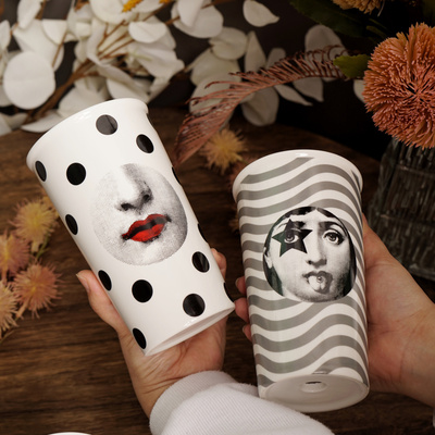 出口复古双层陶瓷马克杯380ml名伶意大利风格带盖办公桌面杯