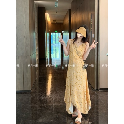 环月自制2026夏季棉绸连衣裙印花收腰复古碎花气质小清新鱼尾裙睡