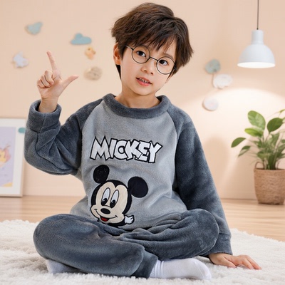 新款儿童珊瑚绒睡衣男童法兰绒家居服加绒加厚秋冬季男孩宝宝套装