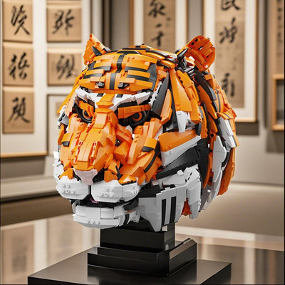 启智103000乐积木虎首拼装模型十二生肖潮玩老虎头雕摆件男孩礼物