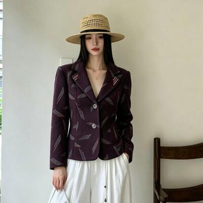 通勤提花几何彩线短款翻领外套