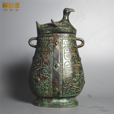 仿古青铜鸟盖双耳壶礼器摆件