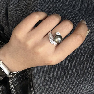 DIYS925银配件 珍珠戒指配件 锆石镶嵌 黄白两色 参考配珠12-13mm