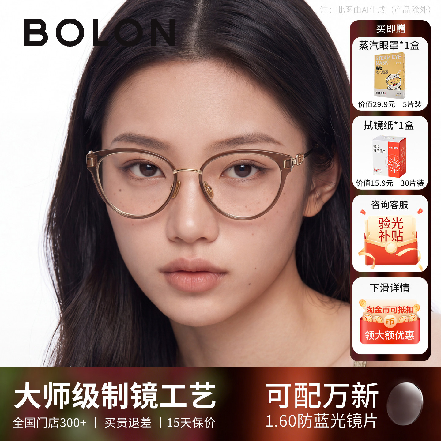 BOLON暴龙眼镜蝶形框板材黑框近视眼镜女百搭光学镜BJ5222
