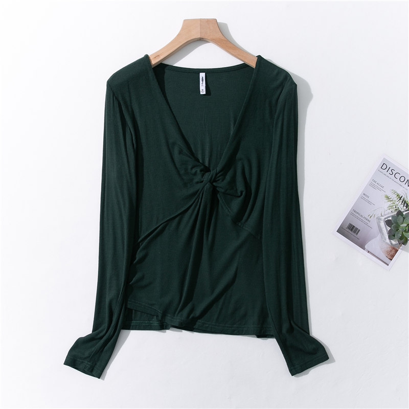 E49-3春季新品女装性感扭结V领修身长袖薄针织时尚深色打底T恤衫_虎窝淘