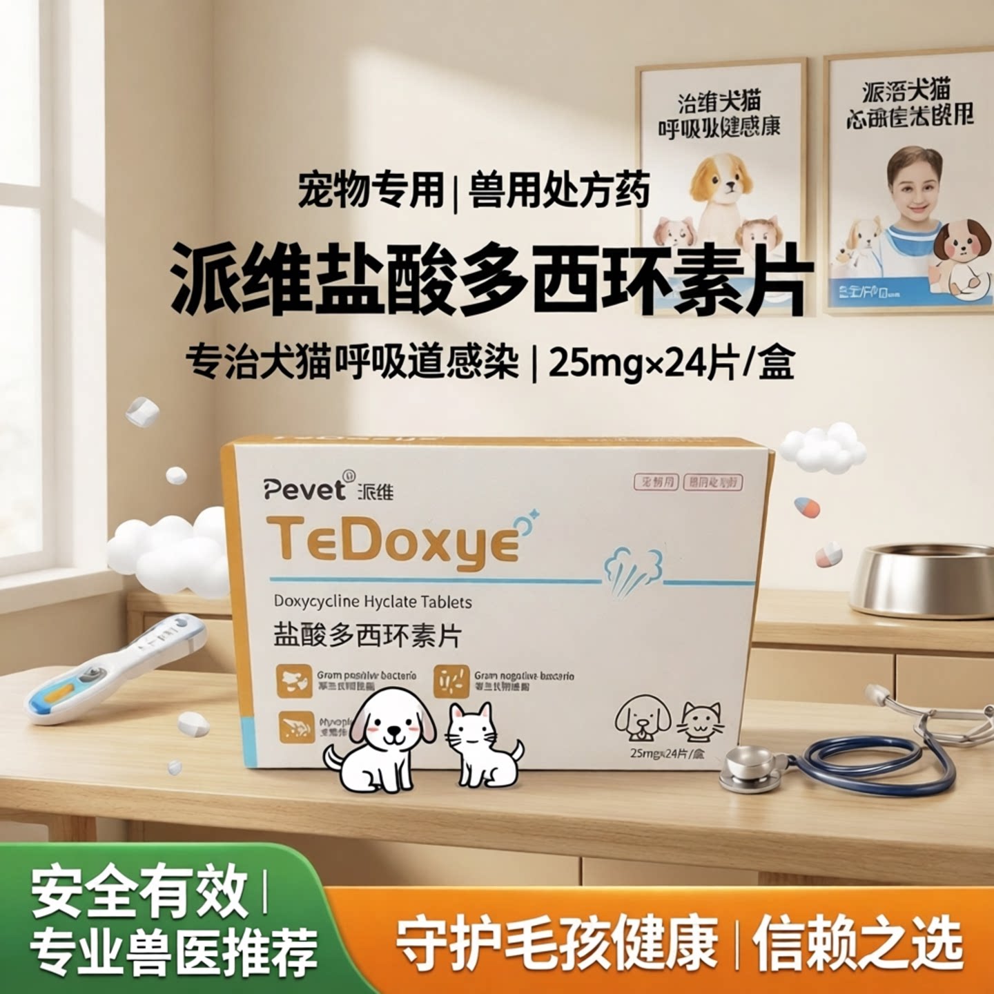 派维安舒宁禧多克犬猫用盐酸多西环素抗生素咳嗽止咳猫鼻支犬窝咳