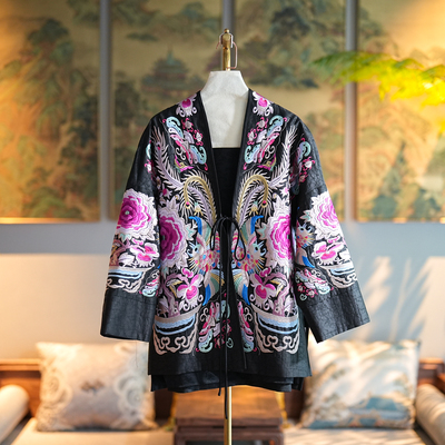 蓝大民族风苗绣龟裂纹外套