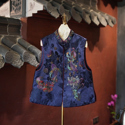 蓝大立领香云纱锦鲤刺绣蓝色马甲