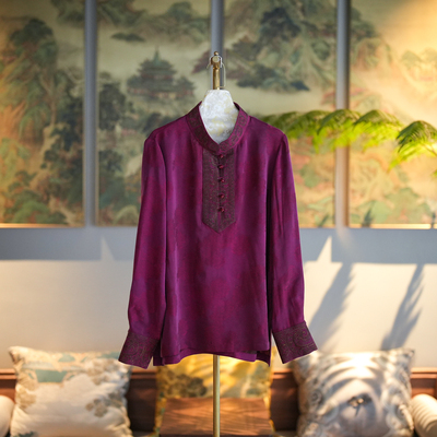 蓝大香云纱2025春玫红色立领上衣