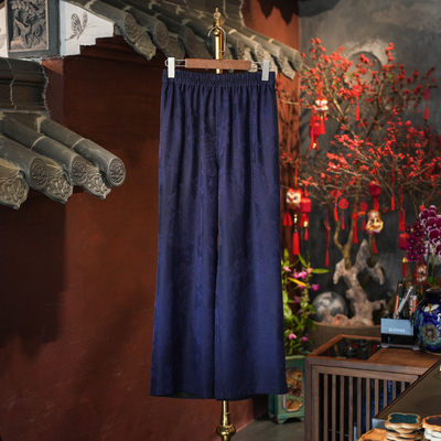蓝大简约蓝色松紧腰阔腿真丝长裤
