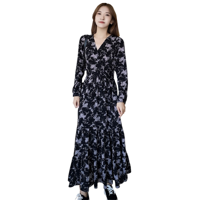春秋2022新款碎花雪纺V领长袖超长及踝连衣裙收腰显瘦到脚踝A字裙